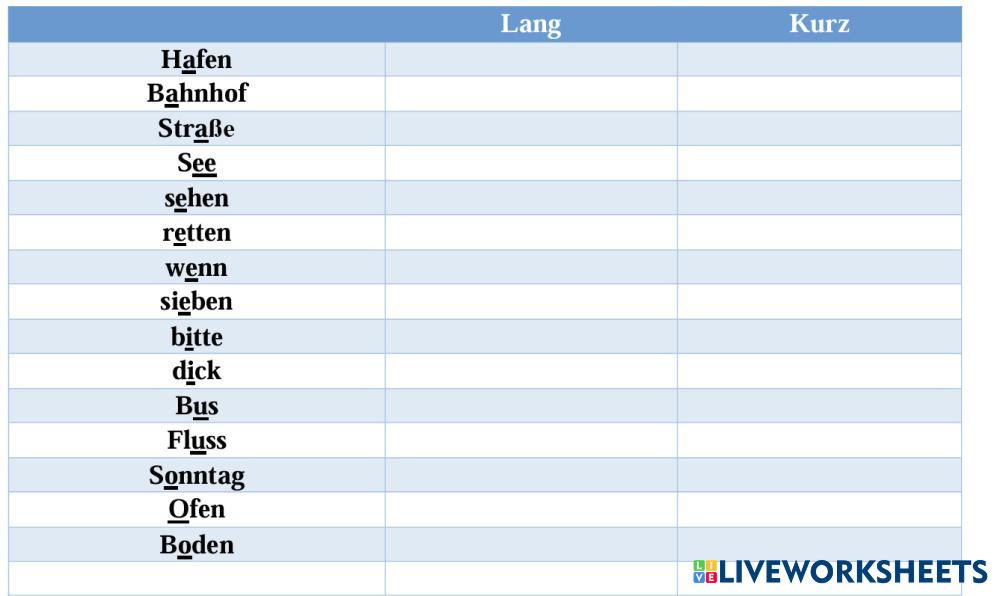 Vokale: lang oder kurz | Live Worksheets