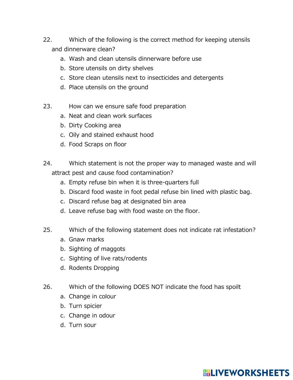 Food Safety lev… | Free Interactive Worksheets | 7604487