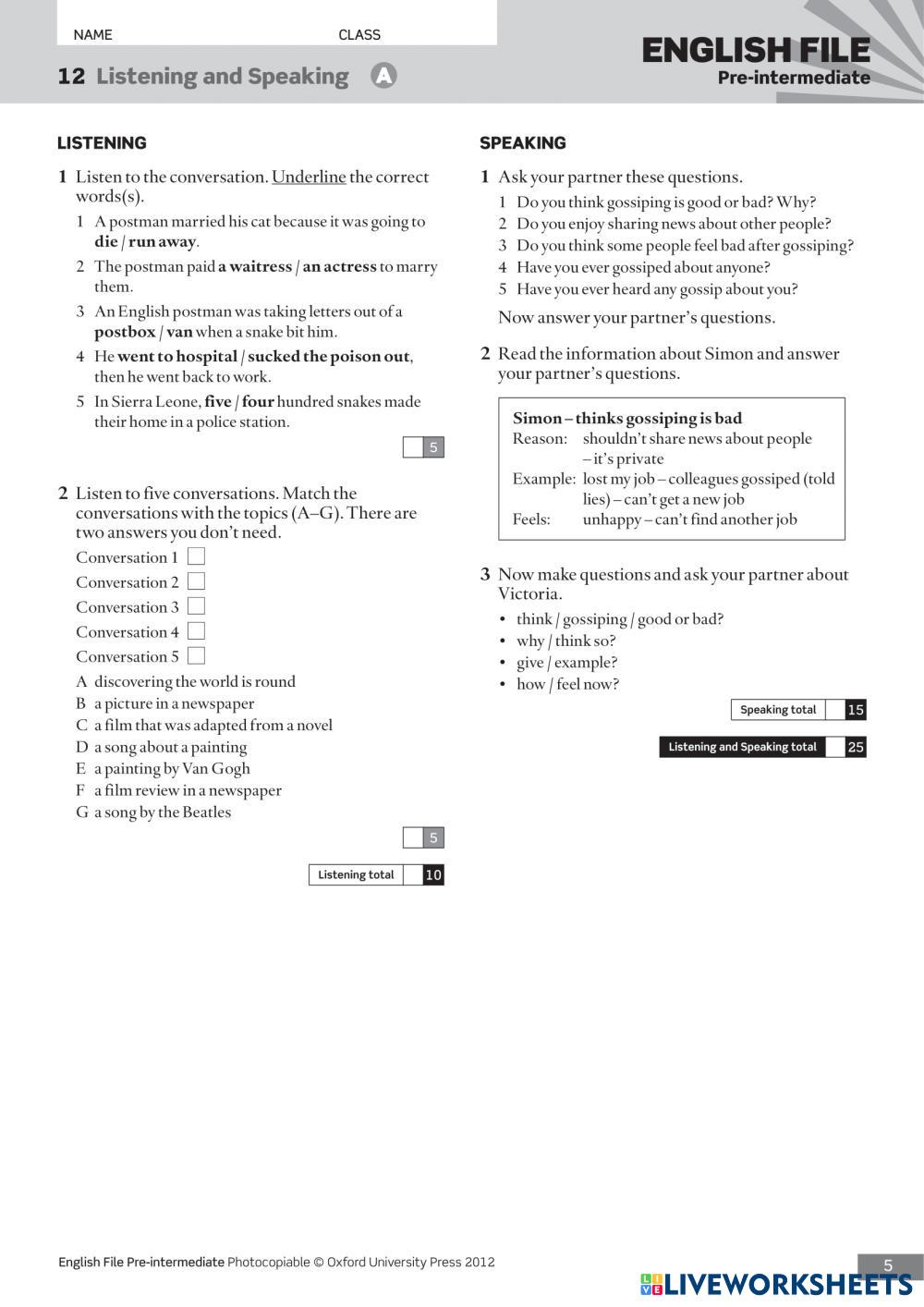 EF - Pre Intermediate - Assessment 12 | Live Worksheets