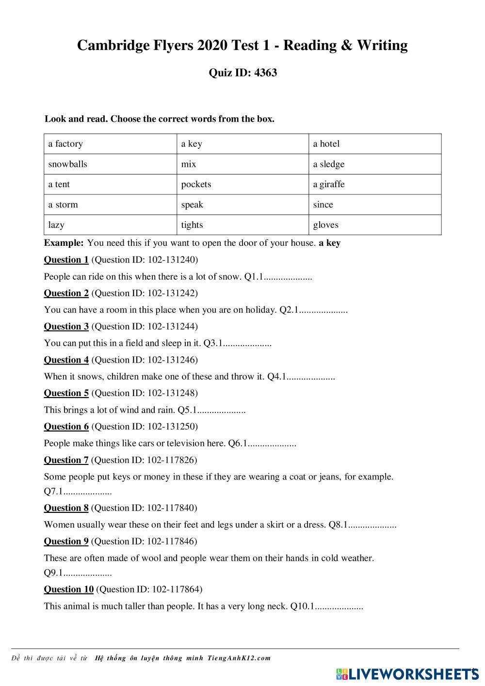Cambridge Flyers 2020 Test 1 - Reading & Writing | Live Worksheets