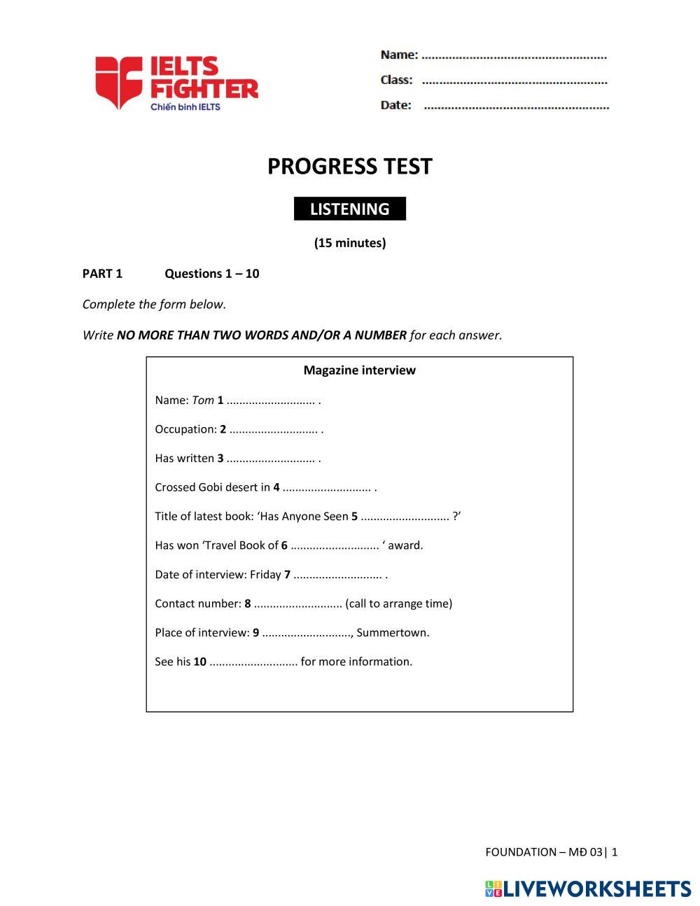 Progress test | Free Interactive Worksheets | 7613050