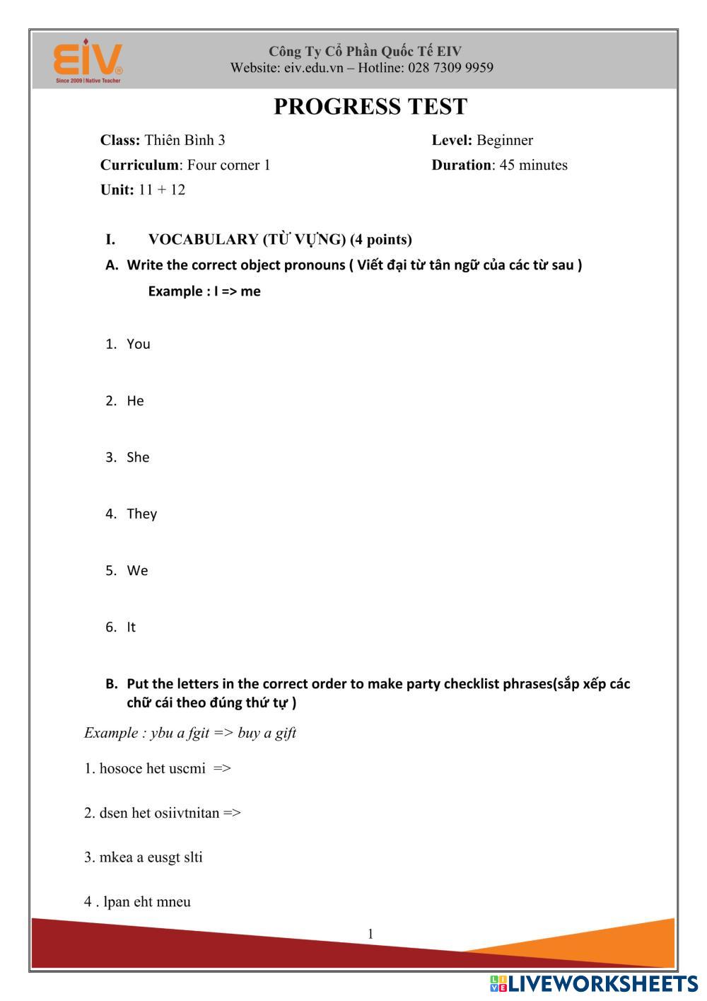 PROGRESS TEST (UNITS 11 + 12) | Live Worksheets