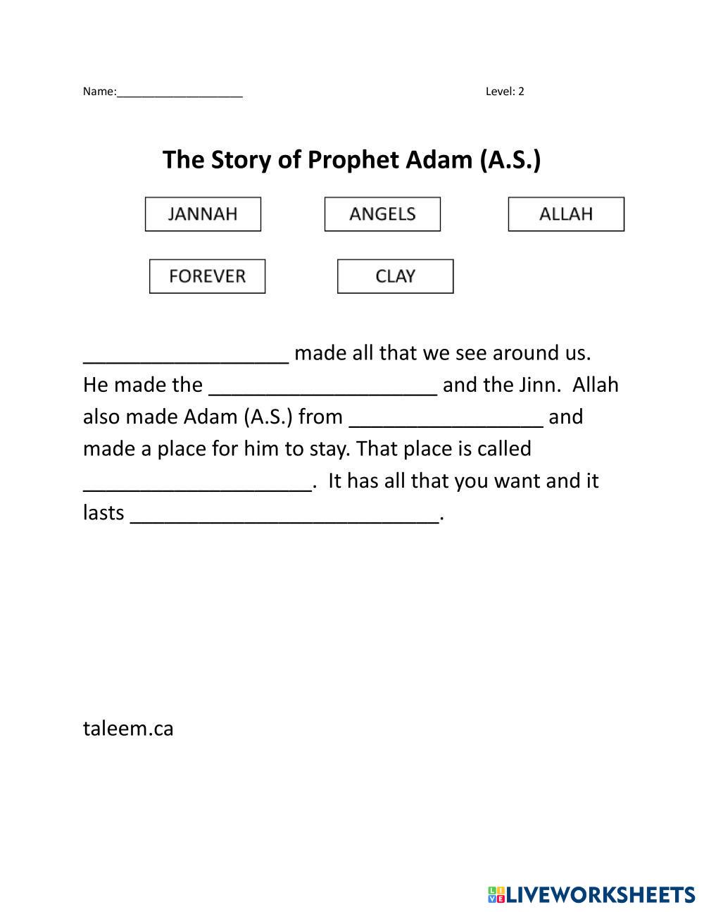 Prophet Adam 7615401 | Shermeen khan | LiveWorksheets