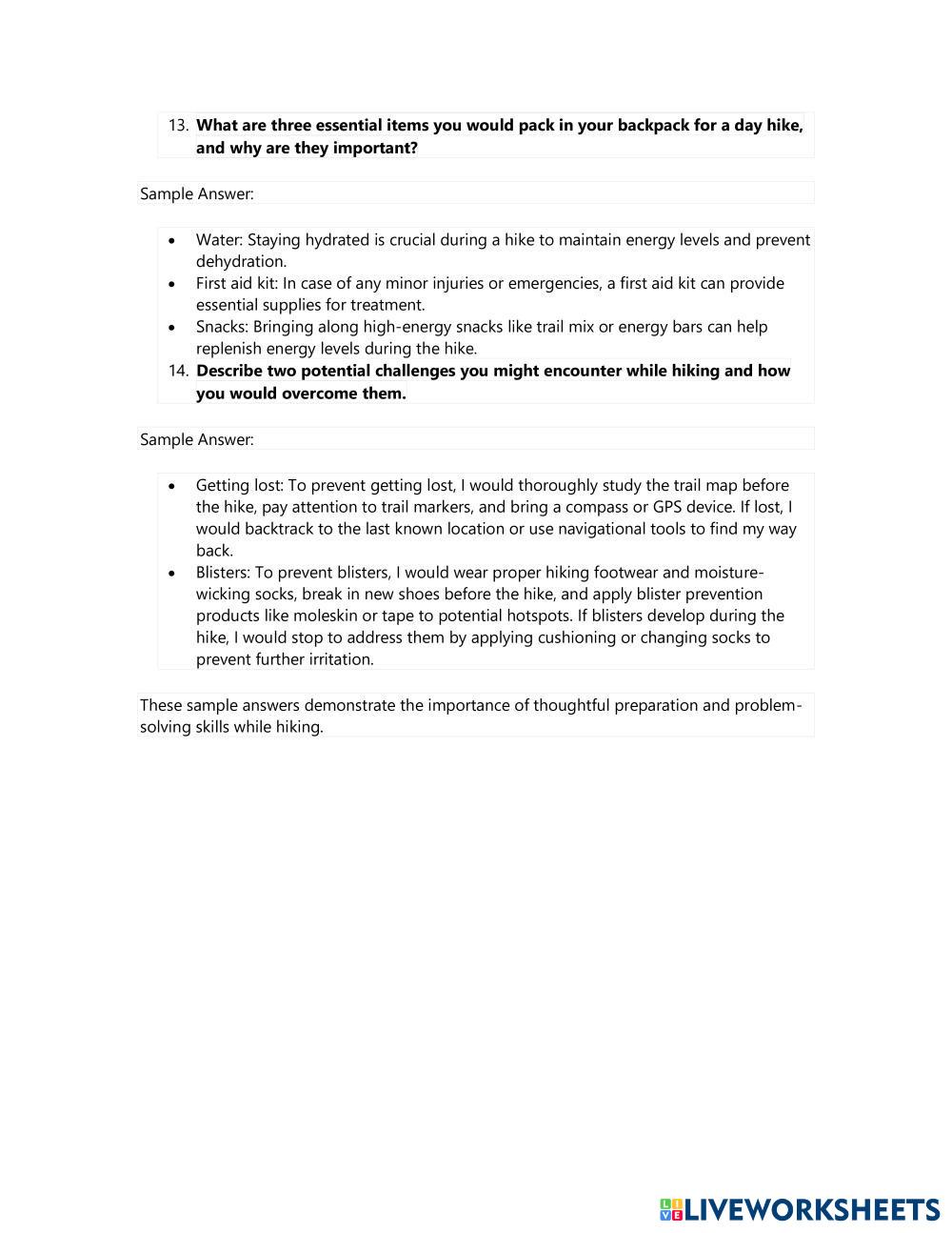 Quiz Beginner's guide to day hiking | Live Worksheets