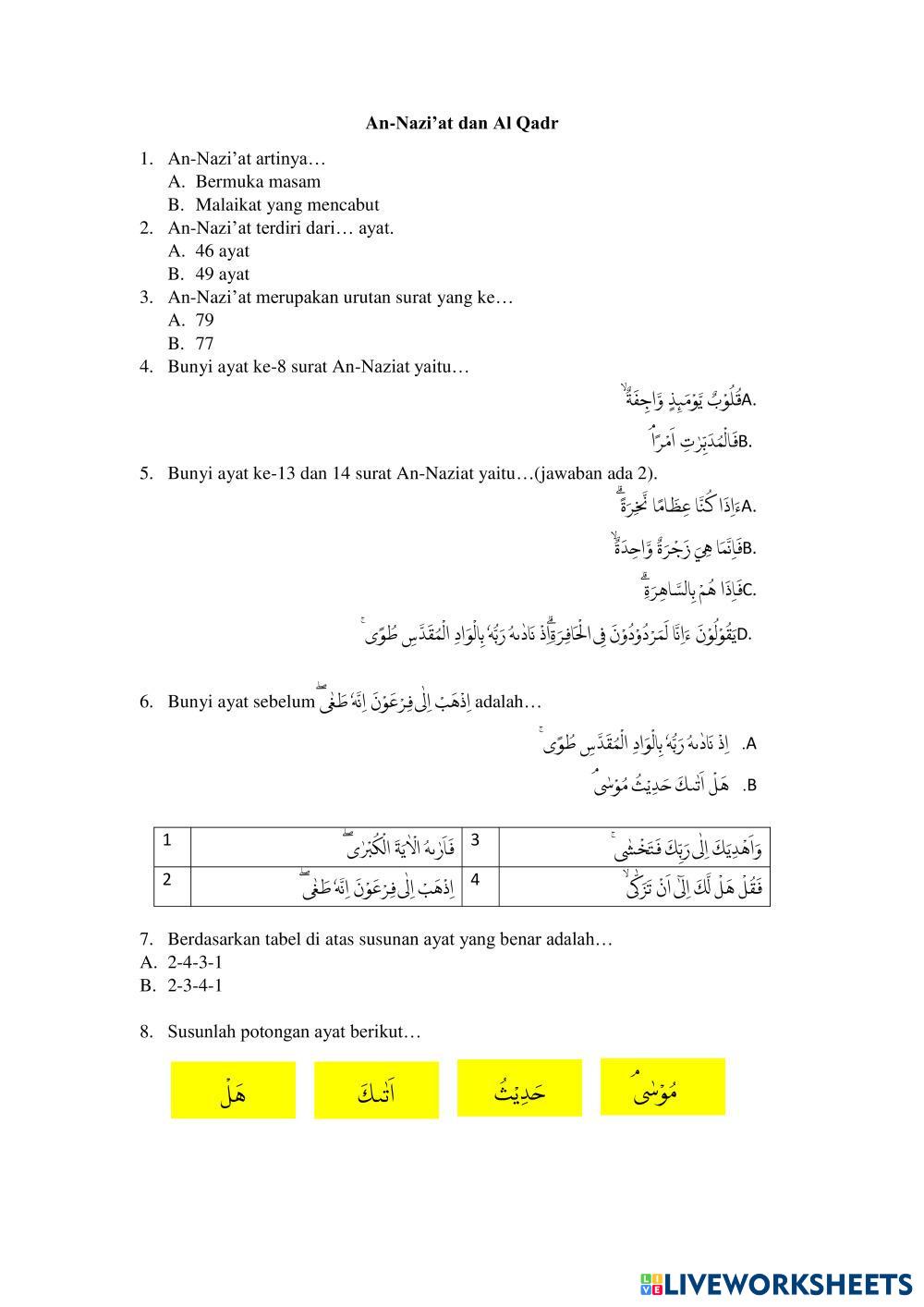 Surat An-Nazi'at dan Surat Al-Qadr | Live Worksheets