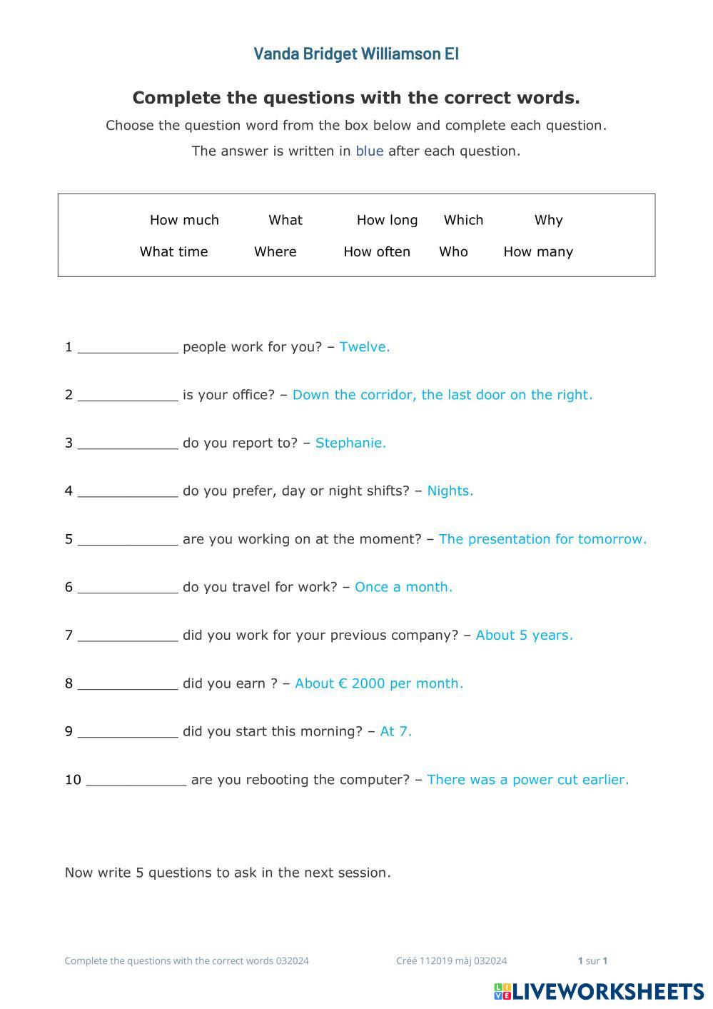 WH- question wo… | Free Interactive Worksheets | 7620810