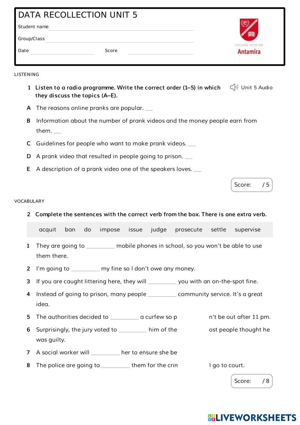 unit 5 data rec… | Free Interactive Worksheets | 7621436