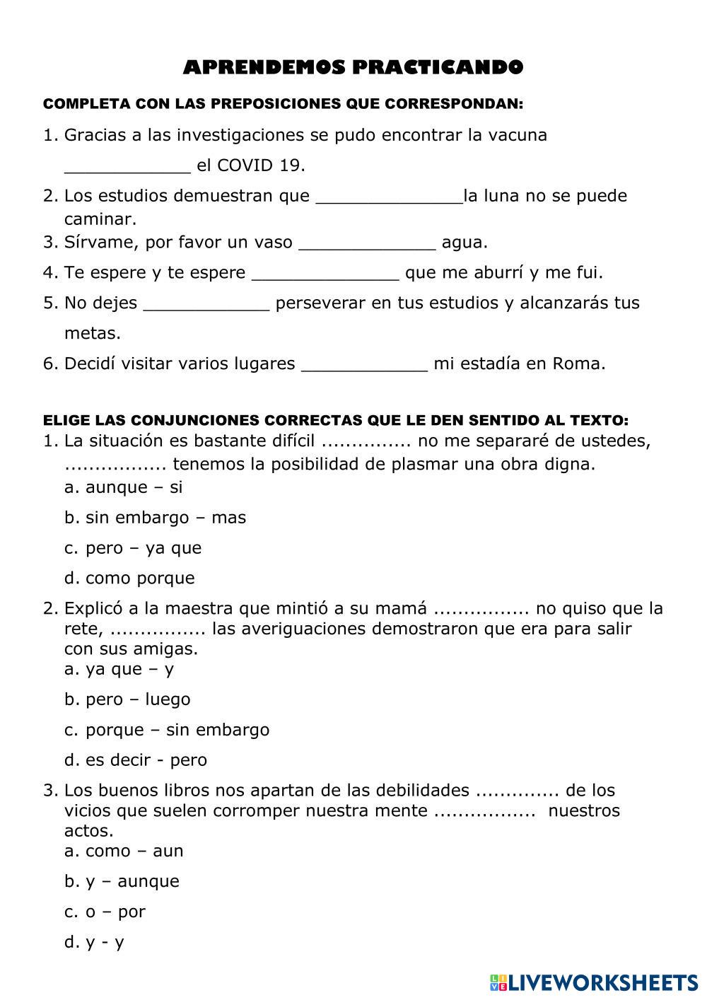 PRACTICA DE PREPOSICIONES Y CONJUNCIONES | Live Worksheets
