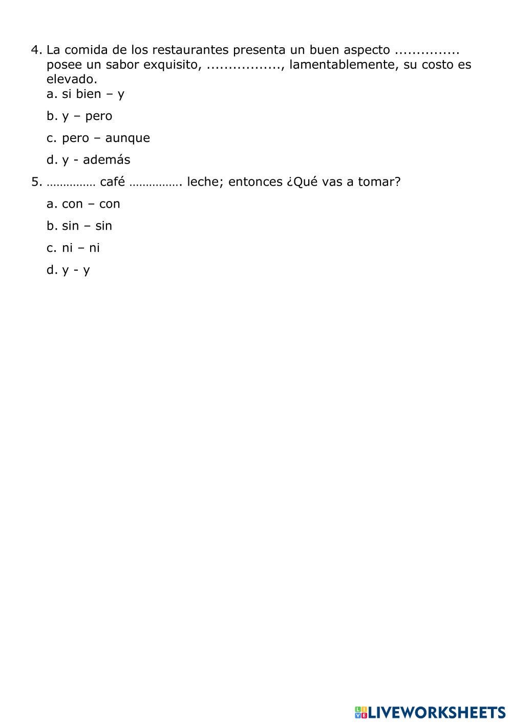 PRACTICA DE PREPOSICIONES Y CONJUNCIONES | Live Worksheets