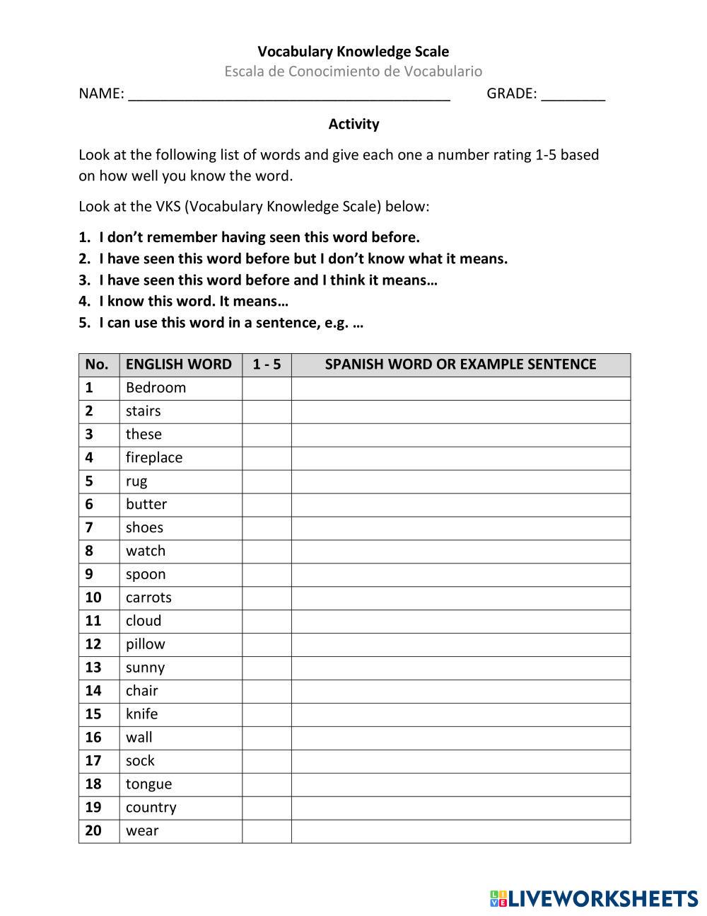 Test about vocabulary | Live Worksheets