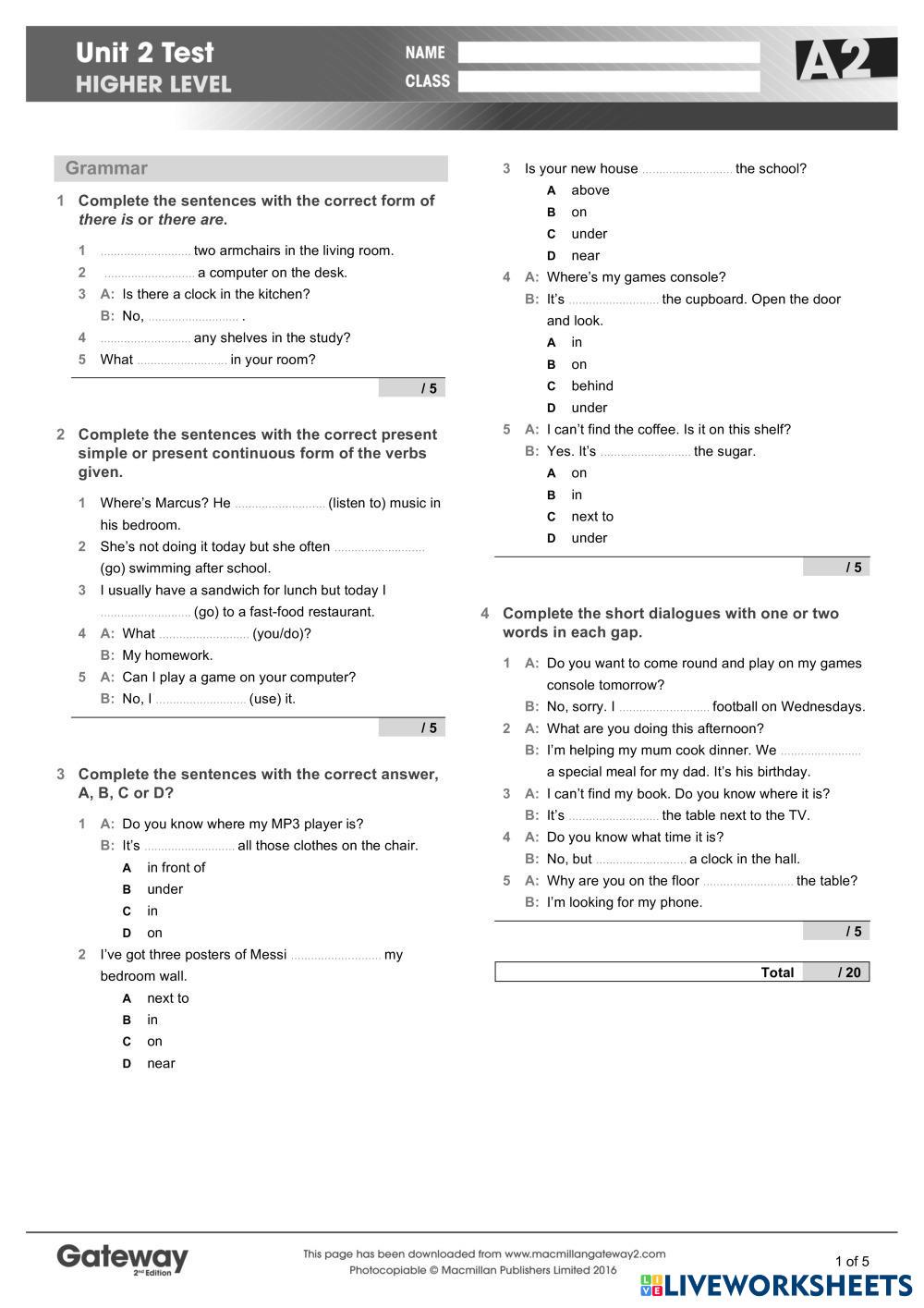 A2 UNIT 2 Test … | Free Interactive Worksheets | 7624237