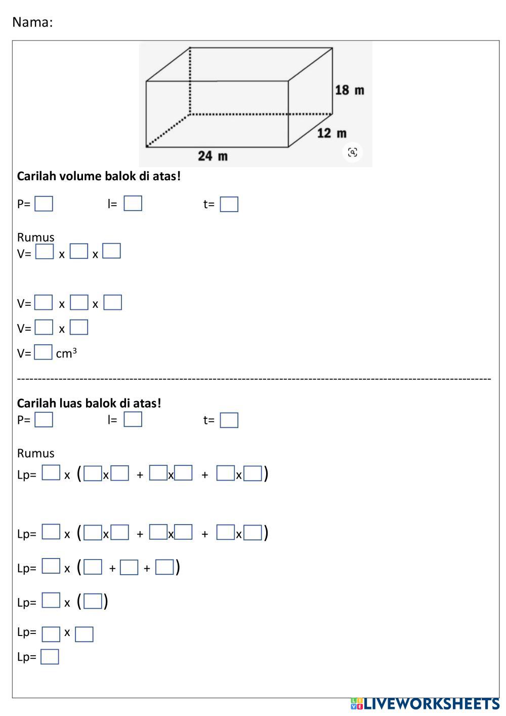 Volume dan Luas permukaan balok | Live Worksheets