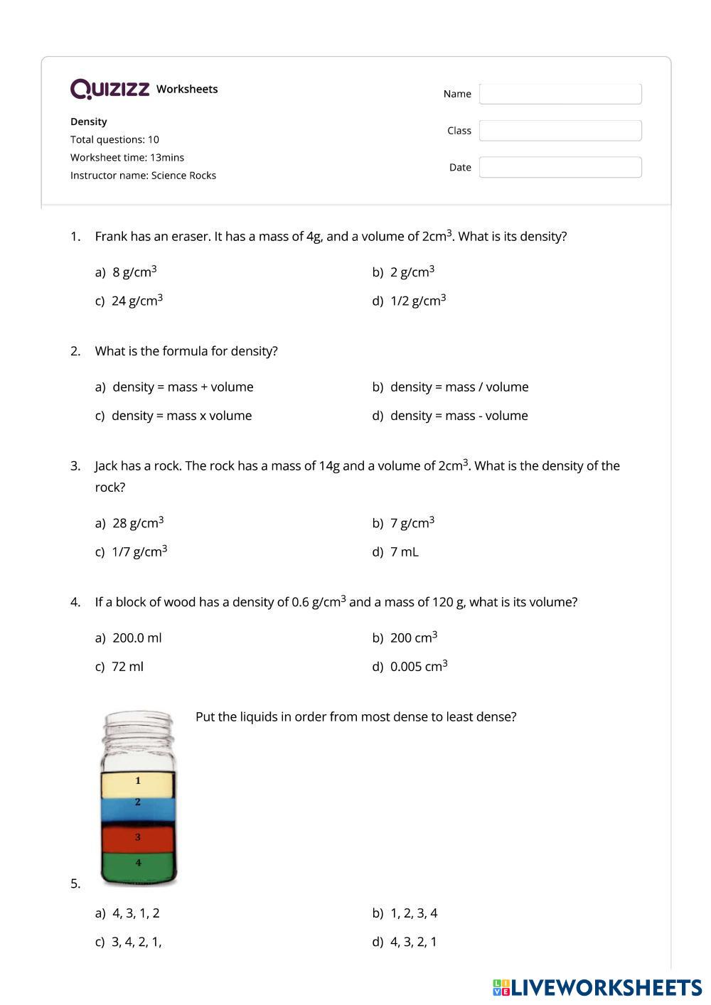 Homework: Density | Live Worksheets