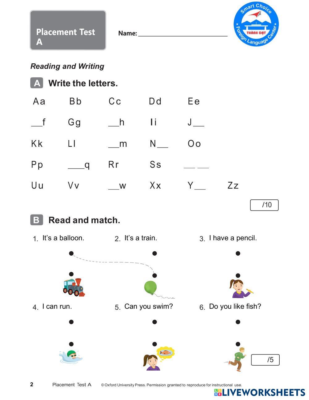 PlacementTest A | Live Worksheets
