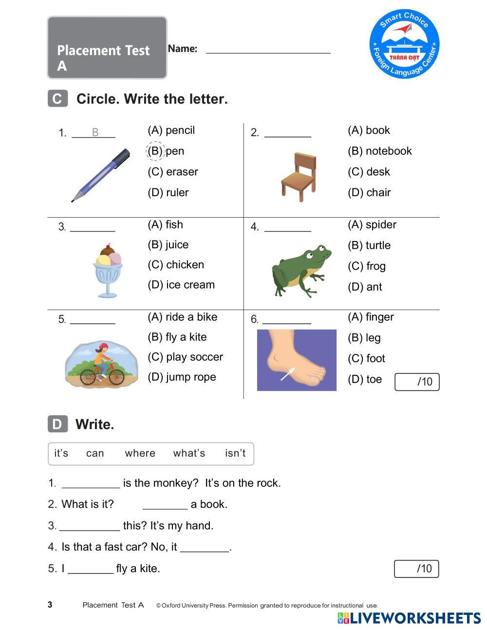 PlacementTest A | Live Worksheets