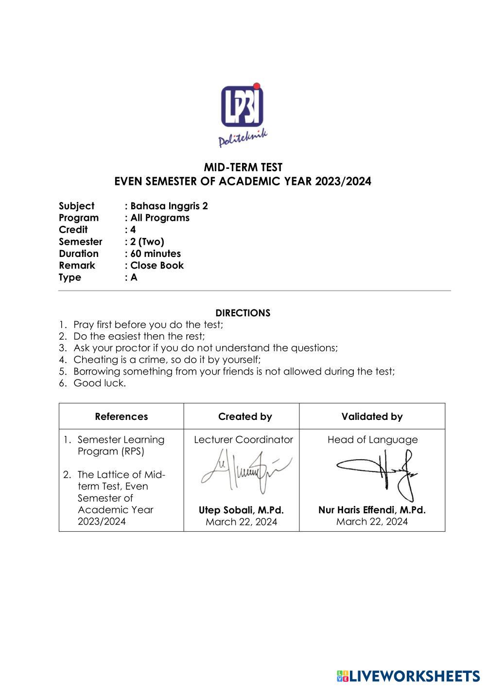 UTS_English 2_Type A | Live Worksheets