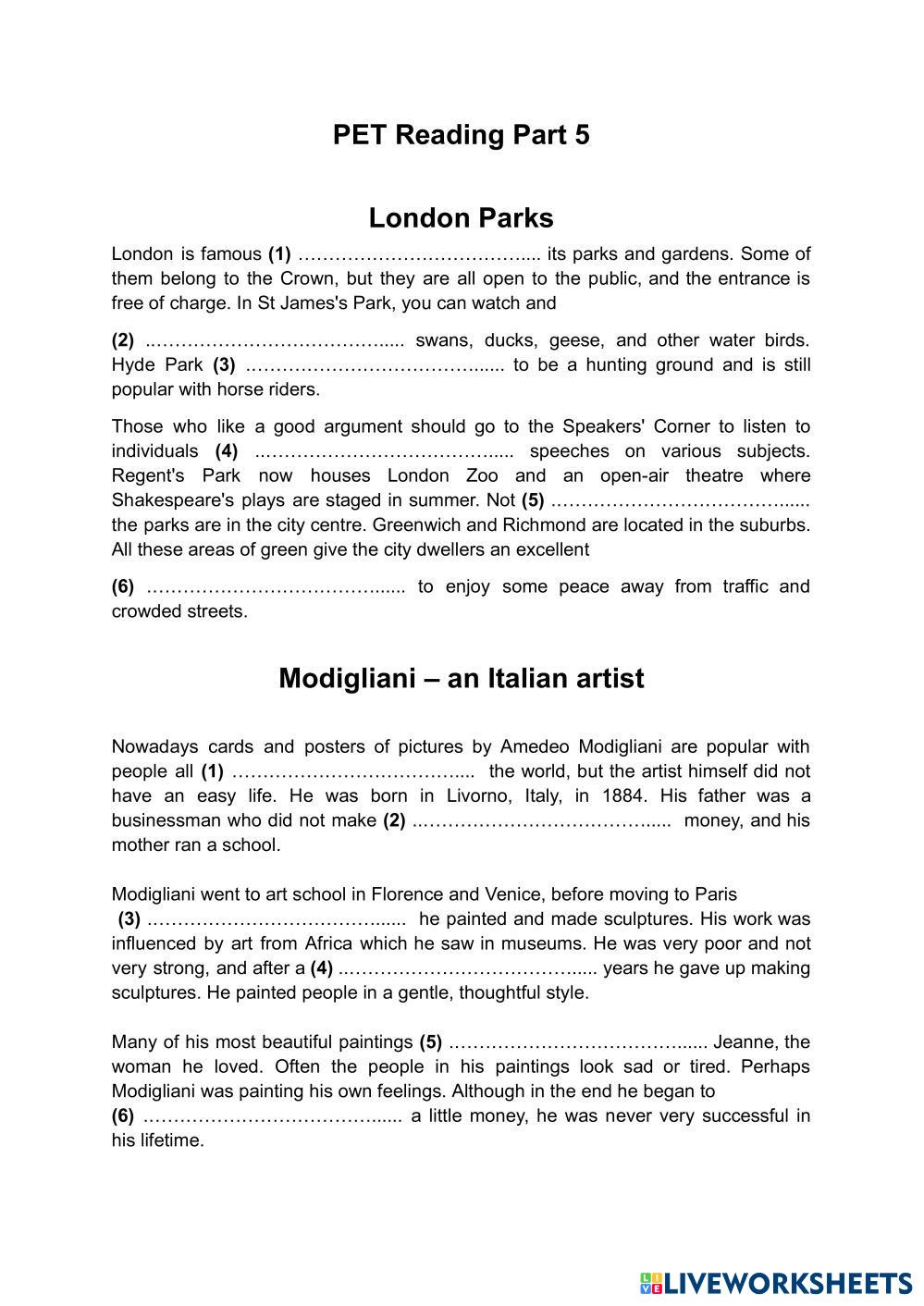 PET Reading Par… | Free Interactive Worksheets | 7635291