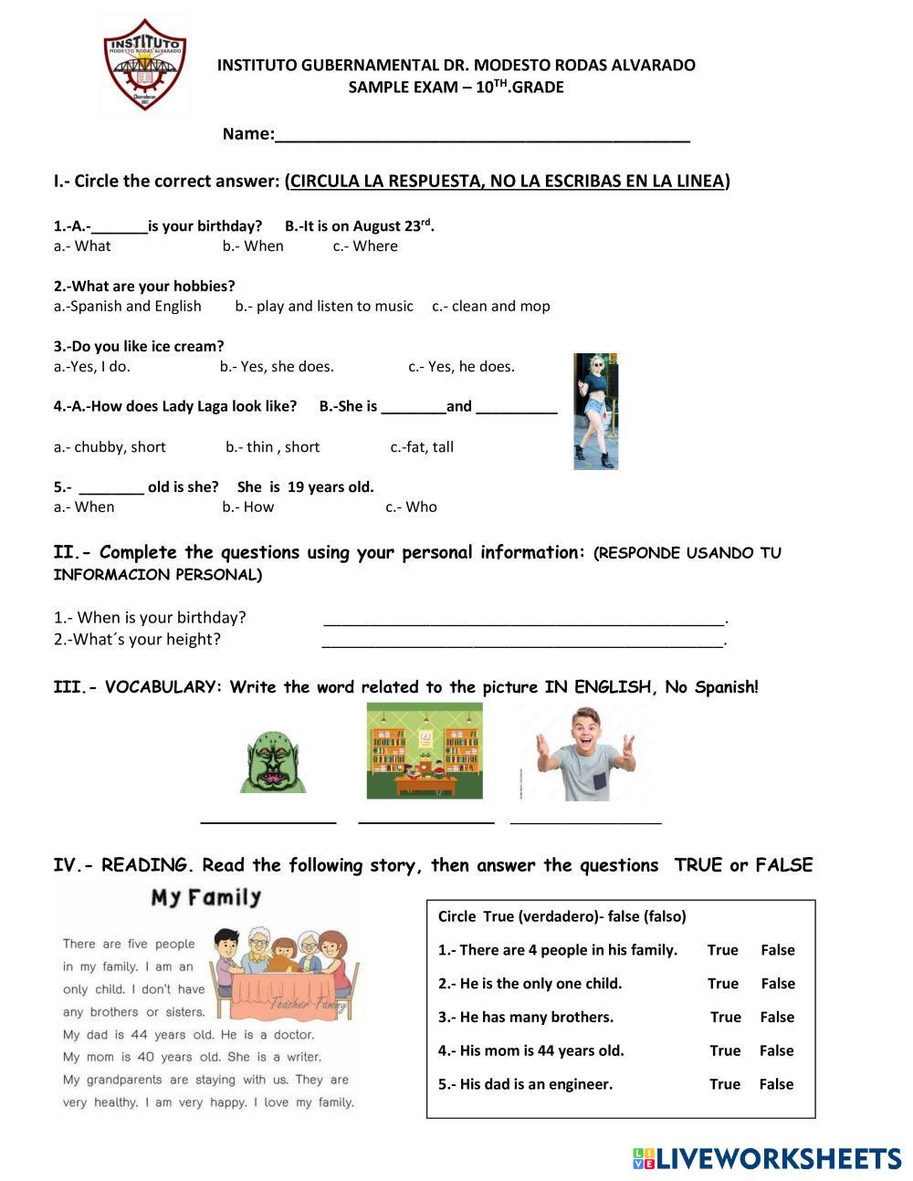 SAMPLE EXAM 10TH.GRADE | Live Worksheets