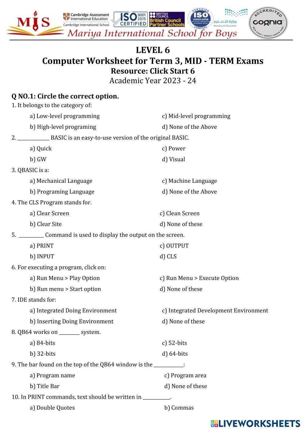 Level 6 Test Worksheet Term 3 | Live Worksheets
