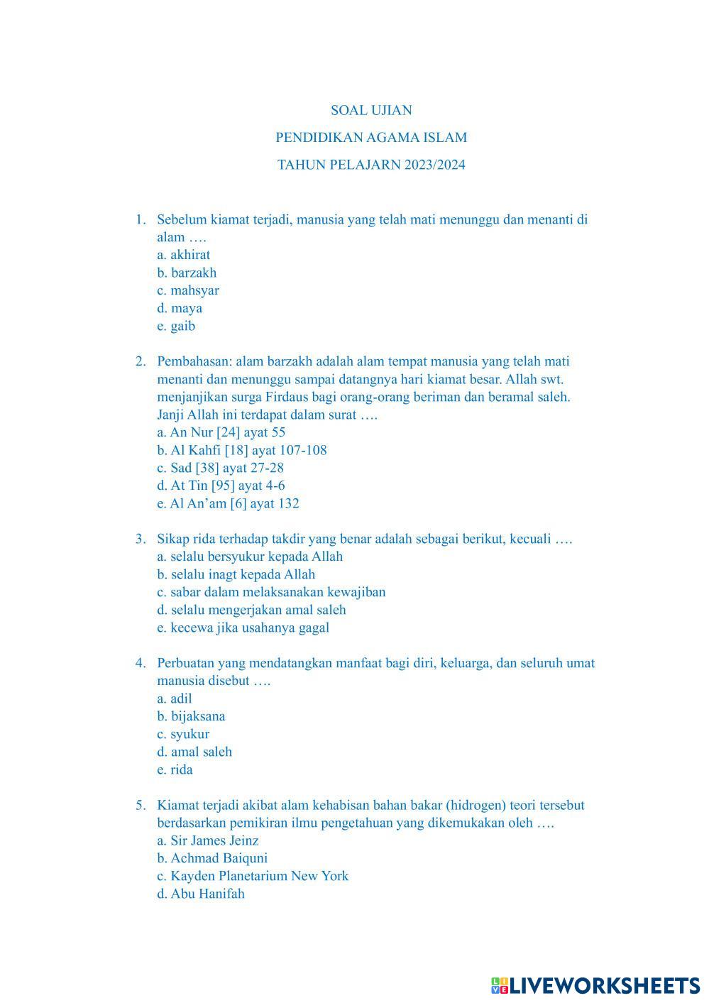 PENDIDIKAN AGAMA ISLAM | Live Worksheets