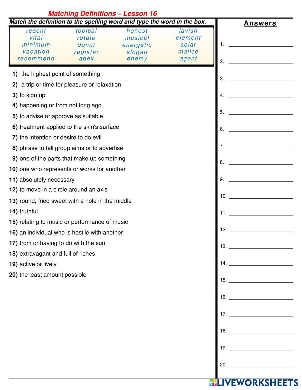 Lesson 16 - Matching Definitions | Live Worksheets
