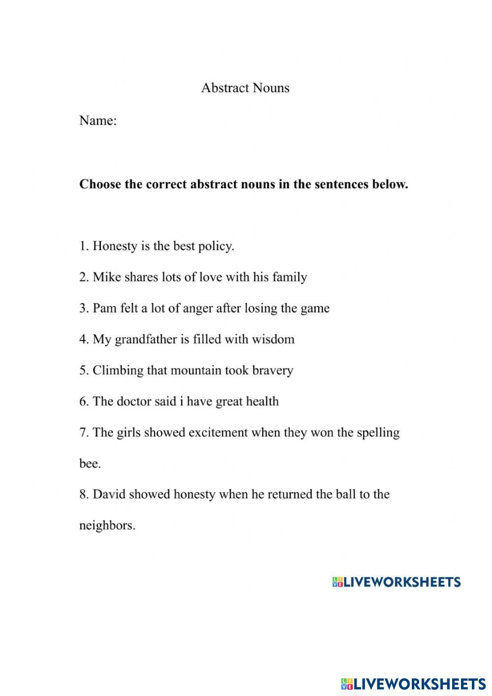 Abstract noun | Live Worksheets