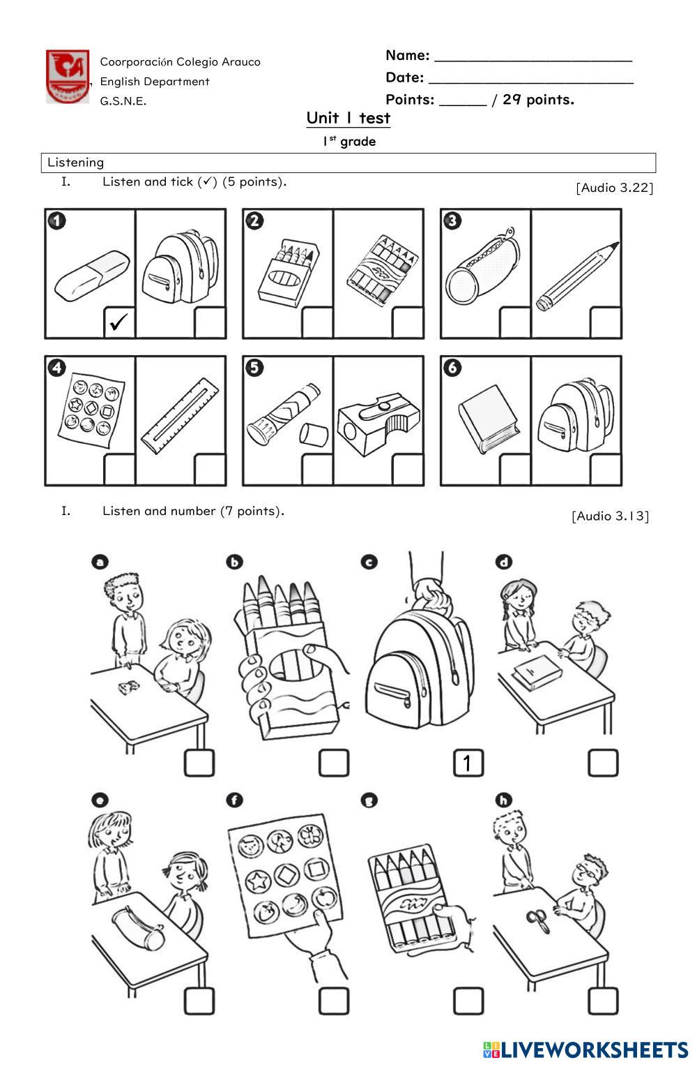 7642656 | 1st grade - Test unit 1 | Gabriela Nahuelpán