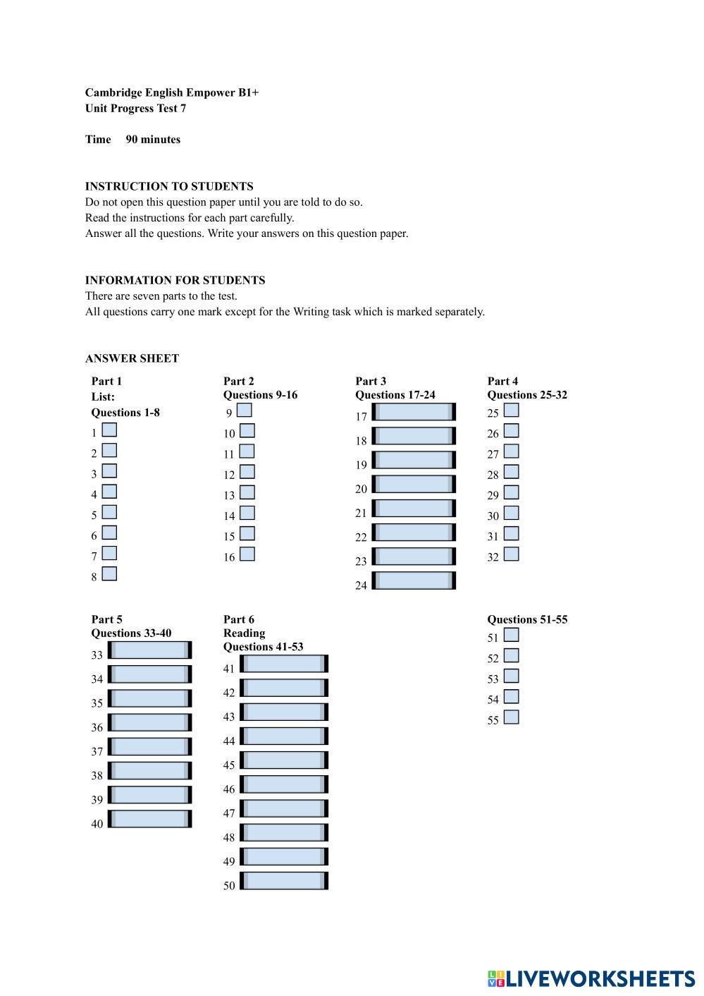 7647346 | TEST 7-Cambridge English EMPOWER B1+ ANSWER