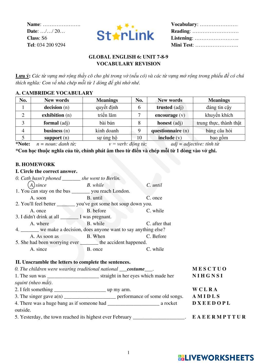 Foreign Teacher_S6_W32_U7,8,9_VOCAB REVISION | Live Worksheets