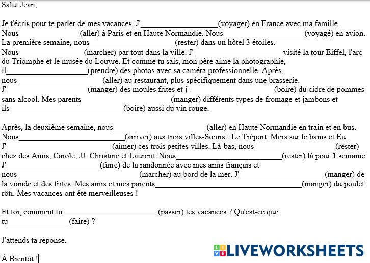 Les vacances et le passé composé | Live Worksheets