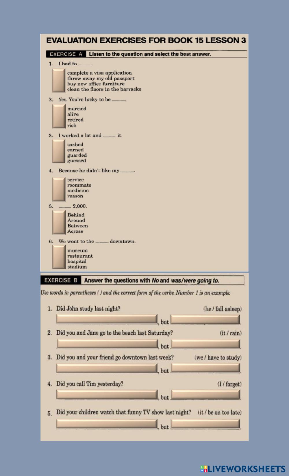 EVALUATION EXERCISES FOR BOOK 15 LESSON 3 | Live Worksheets