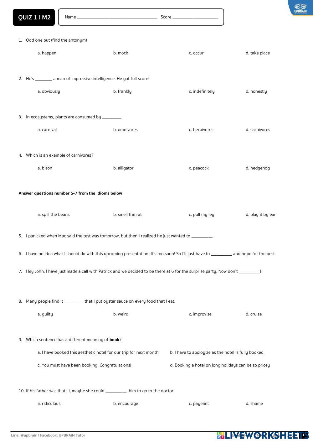 QUIZ 1 M2 SUMMER 2024 | Live Worksheets