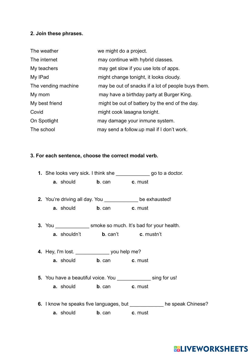 Modal Verbs | Free Interactive Worksheets | 7651124