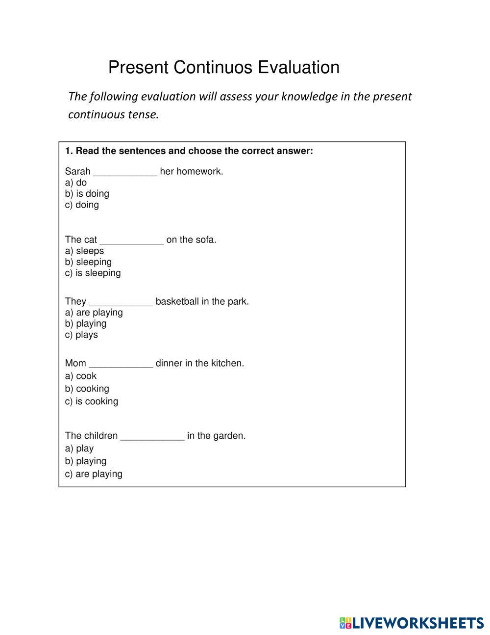 Present continuous Evaluation | Live Worksheets