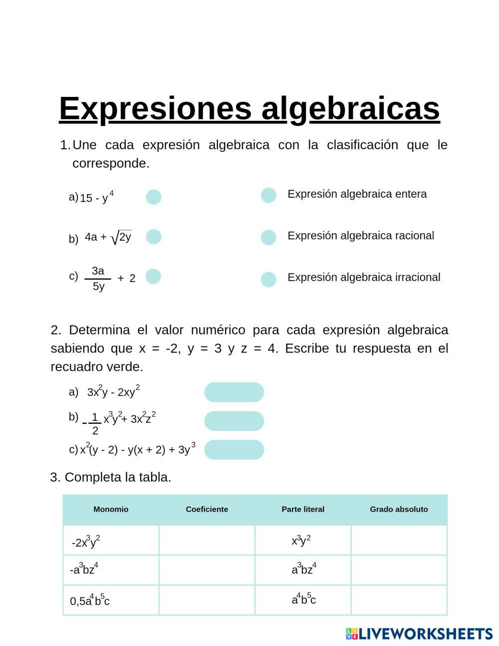 Expresiones alg… | Free Interactive Worksheets | 7651503