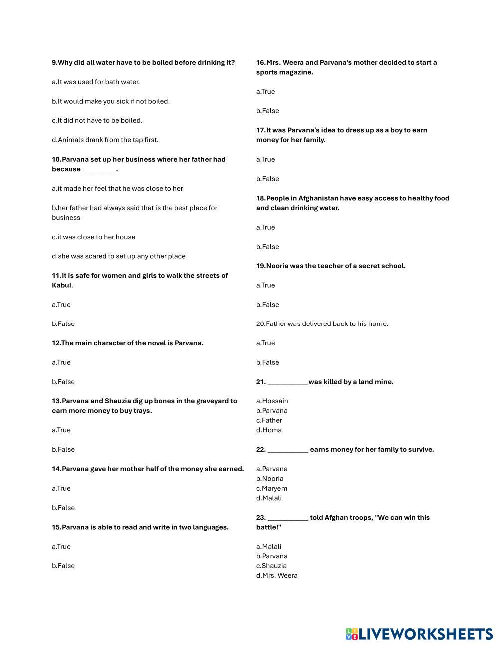 The Breadwinner | Live Worksheets