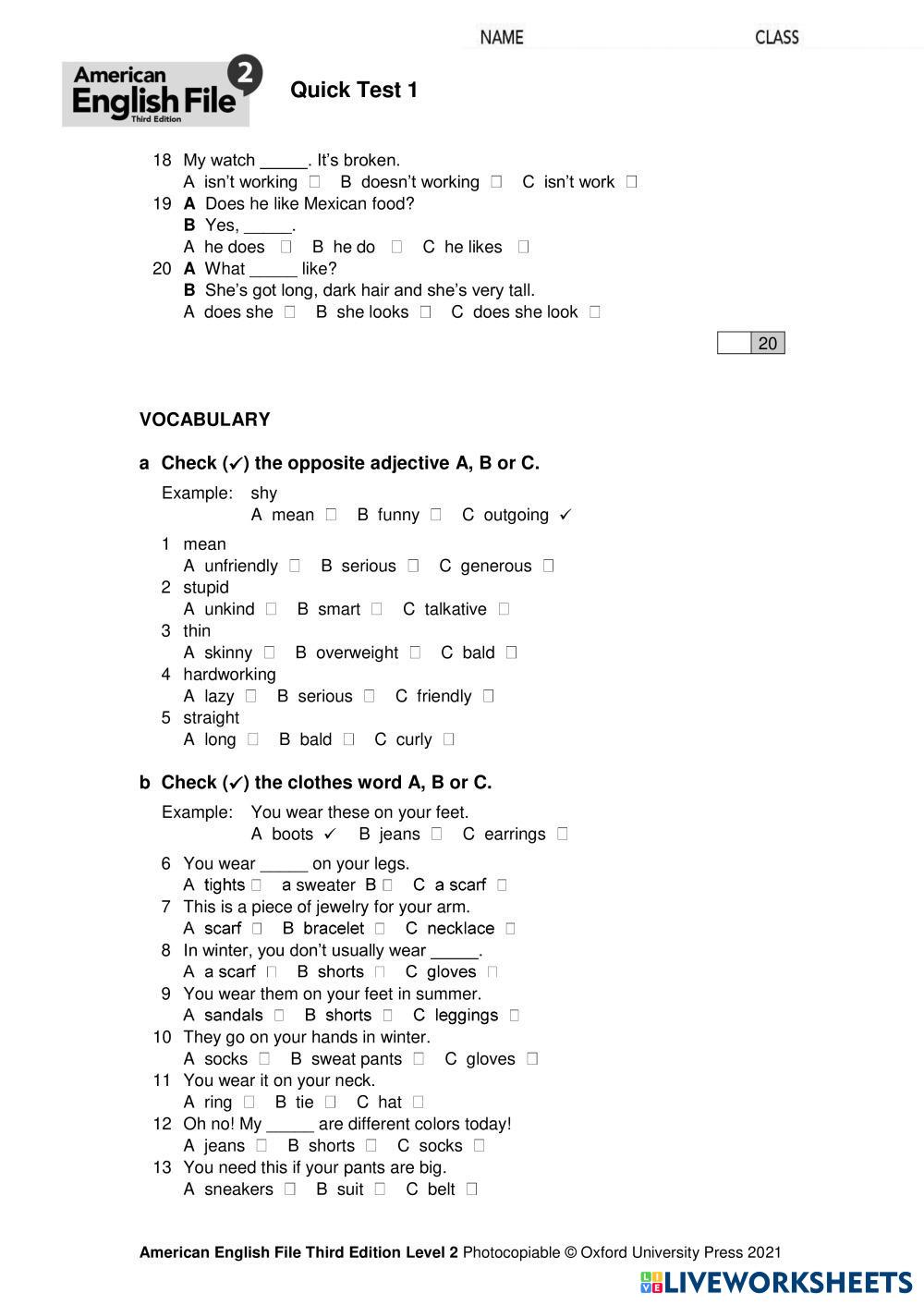 QuickTest Unit #1 (A2 American Online) | Live Worksheets