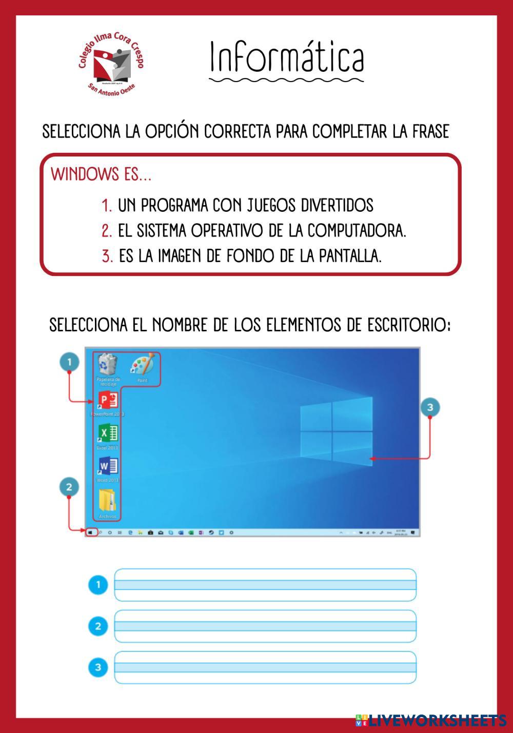 WINDOWS Y SU ESCRITORIO | Live Worksheets