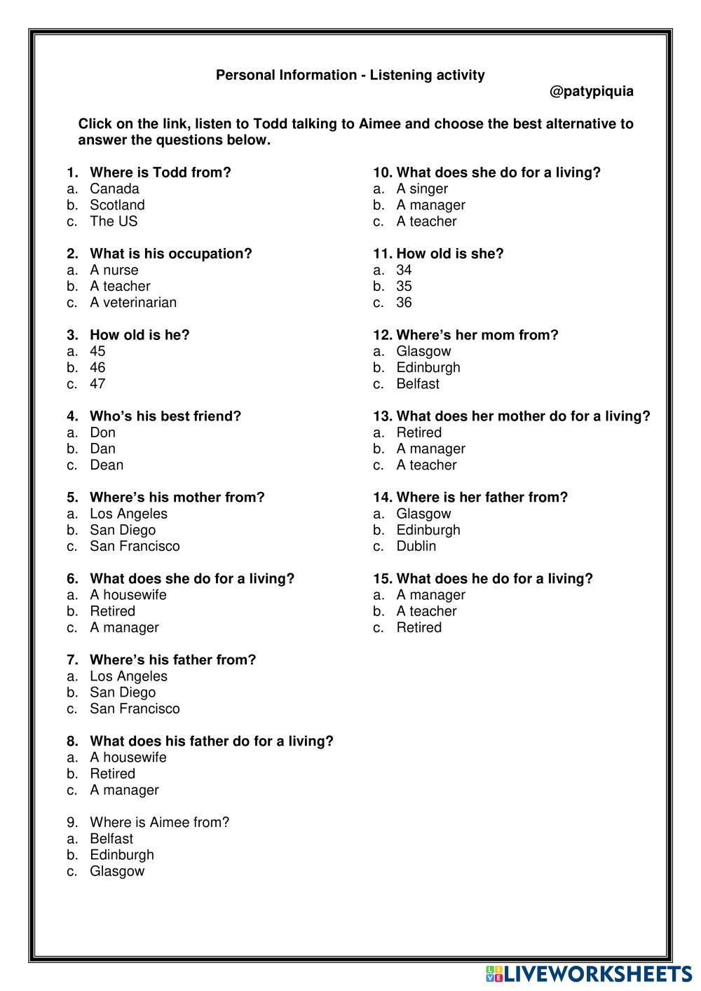 Personal Inform… | Free Interactive Worksheets | 7647148