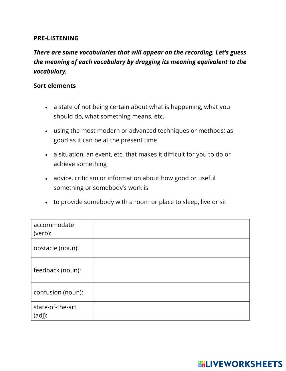 Listening 5 – Matching – Bài Thực Hành Số 4 | Live Worksheets