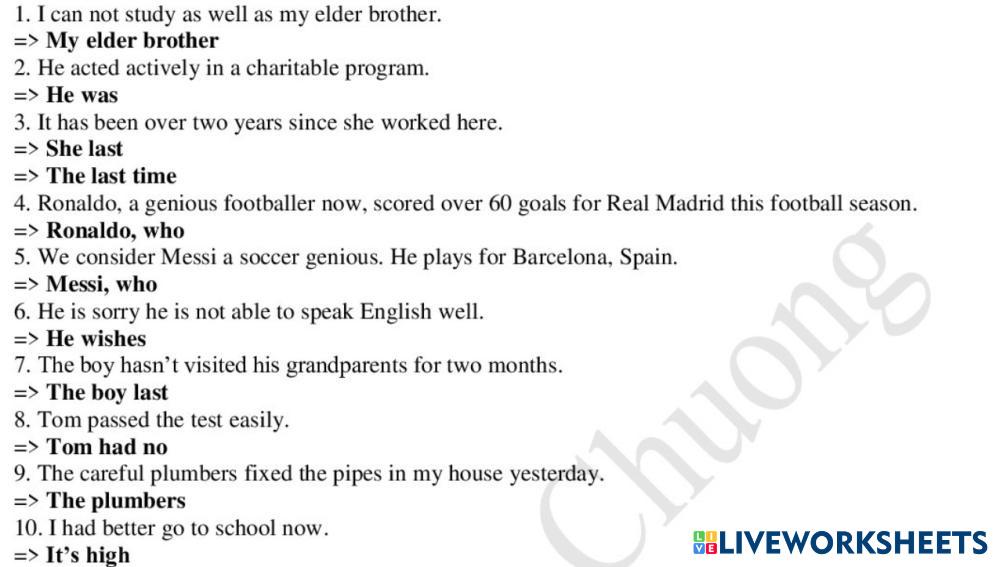 SENTENCE TRANSFORMATION | Live Worksheets