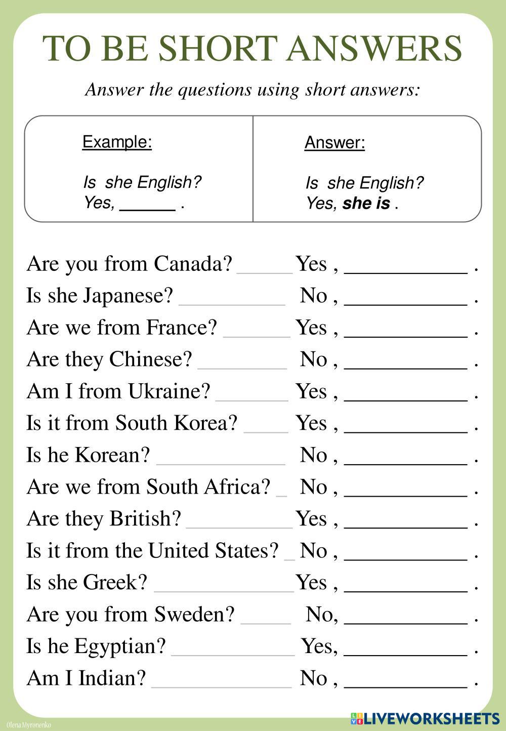 TO BE / Short Answers (Countries, Nationalities) 7661154