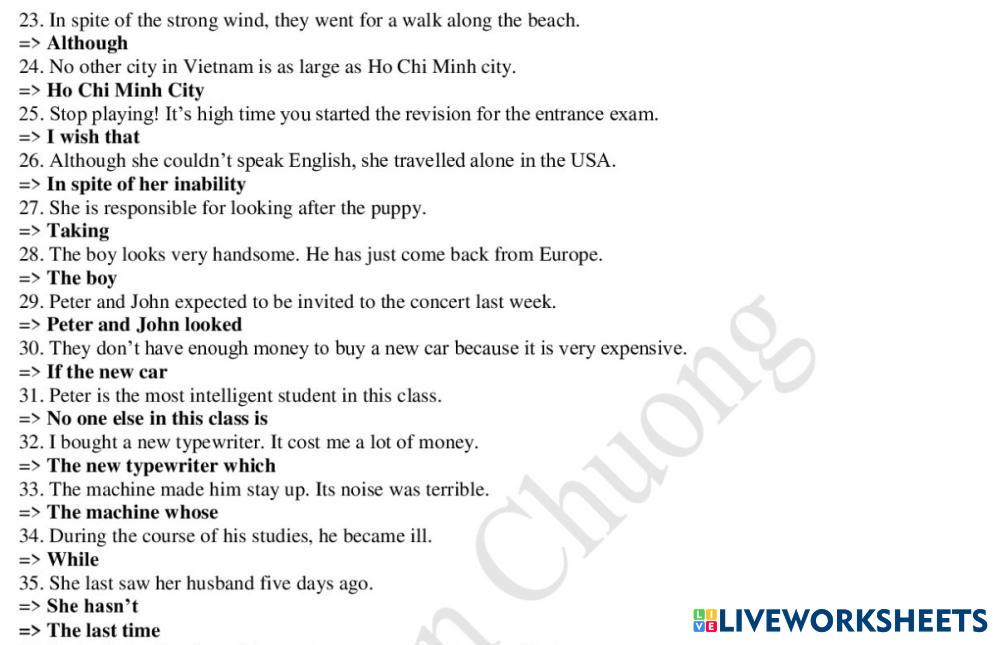 SENTENCE TRANSFORMATION | Live Worksheets