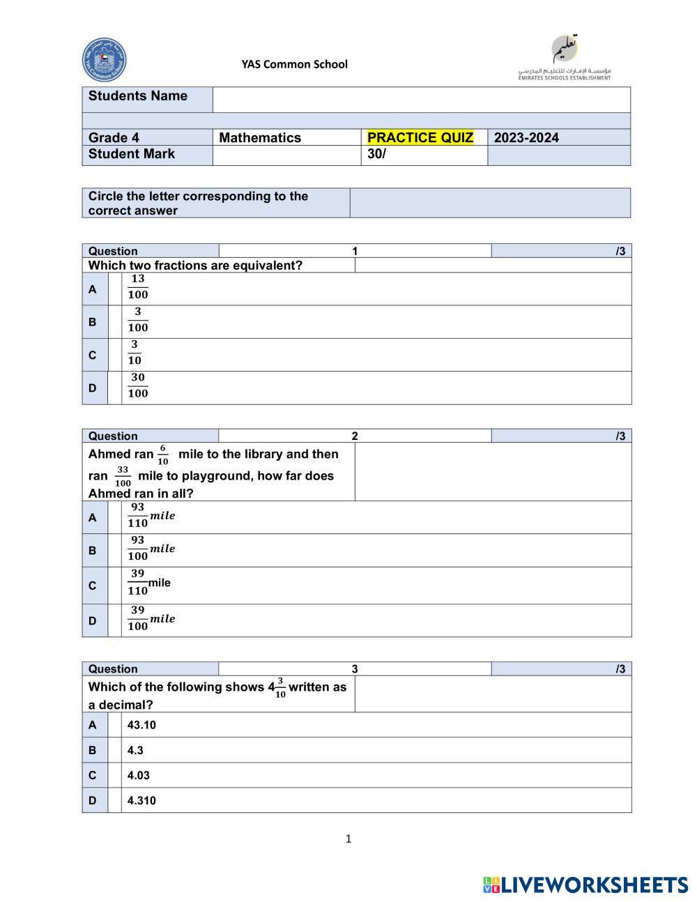 Gr4 Math Quiz Review | Live Worksheets