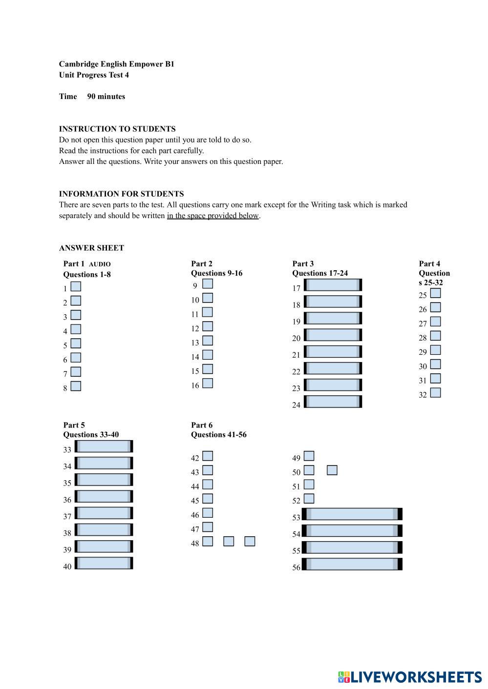 B1 TEST 4 - Cam… | Free Interactive Worksheets | 7666849