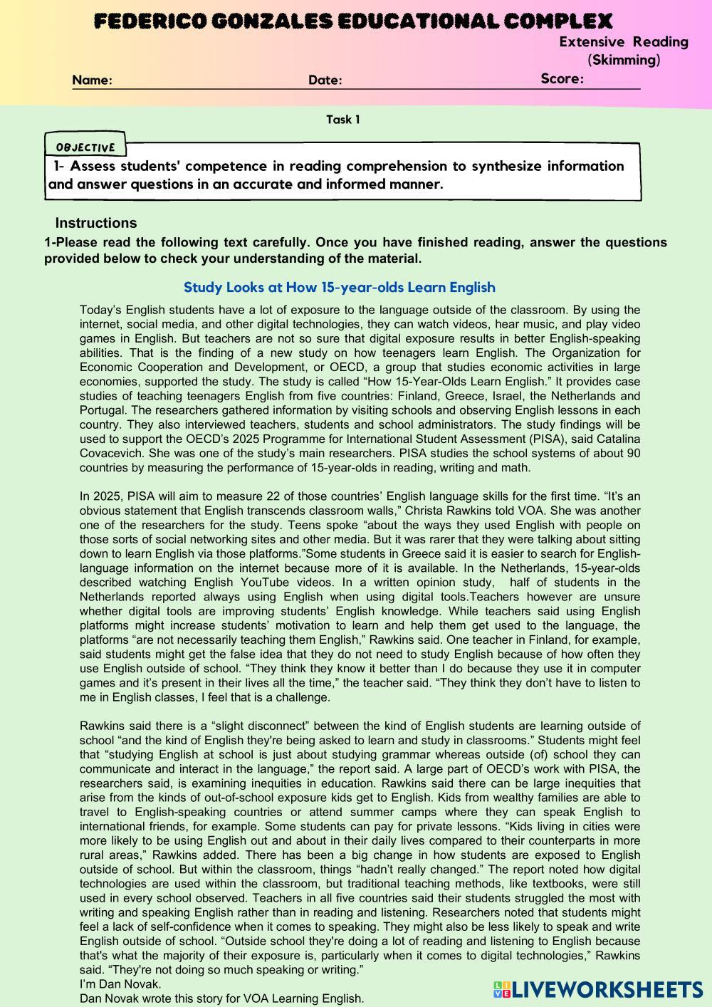 Reading Test (extensive reading) | Live Worksheets