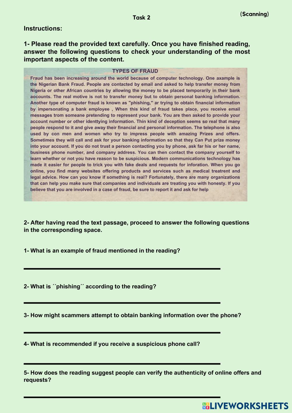 Reading Test (extensive reading) | Live Worksheets