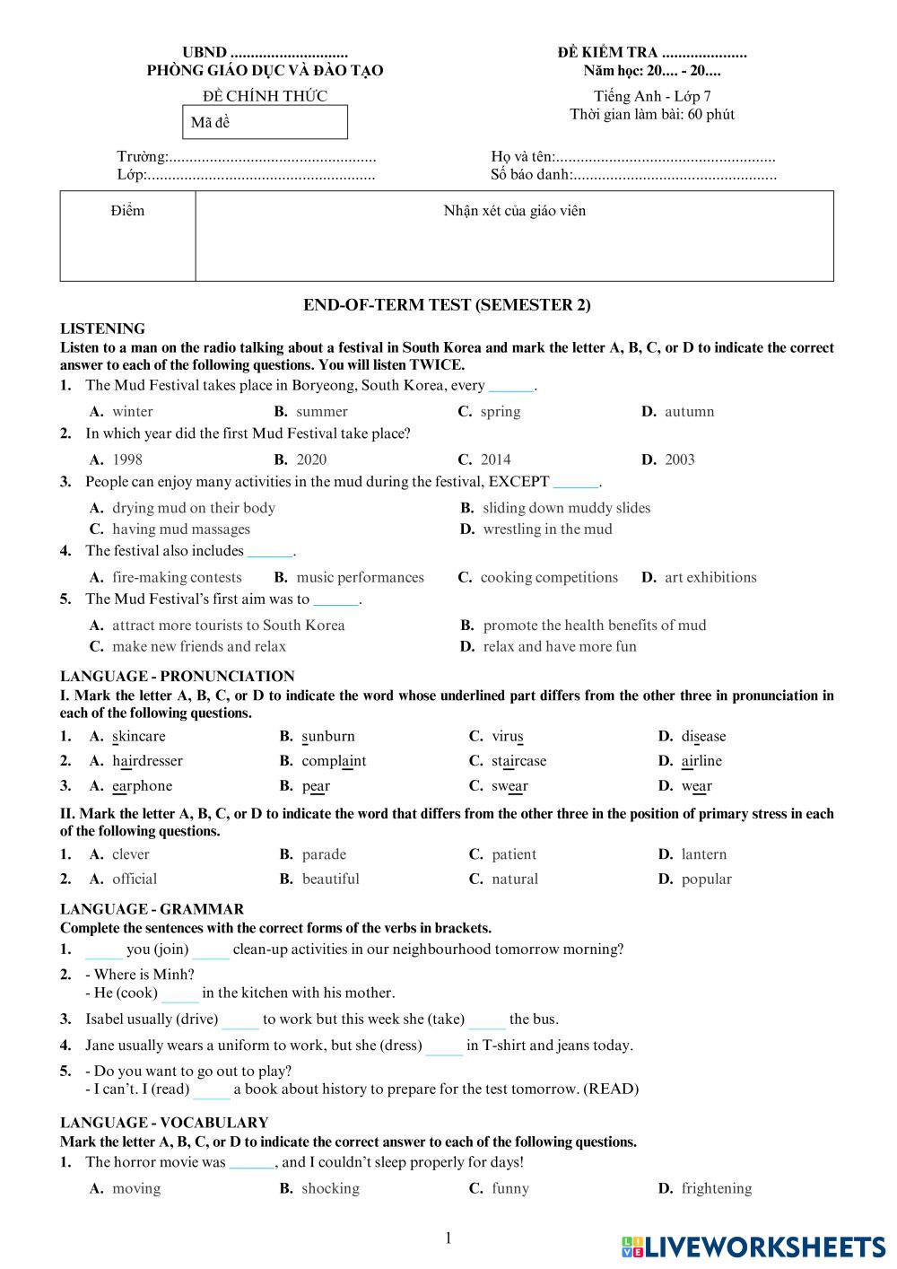 End of term test (2nd semester) | Live Worksheets