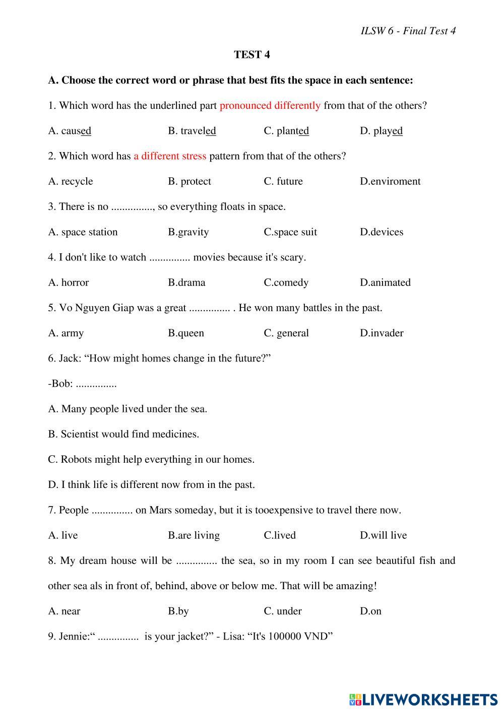 7667045 | English 6 Smart World - Final Test 4 | Võ Lan