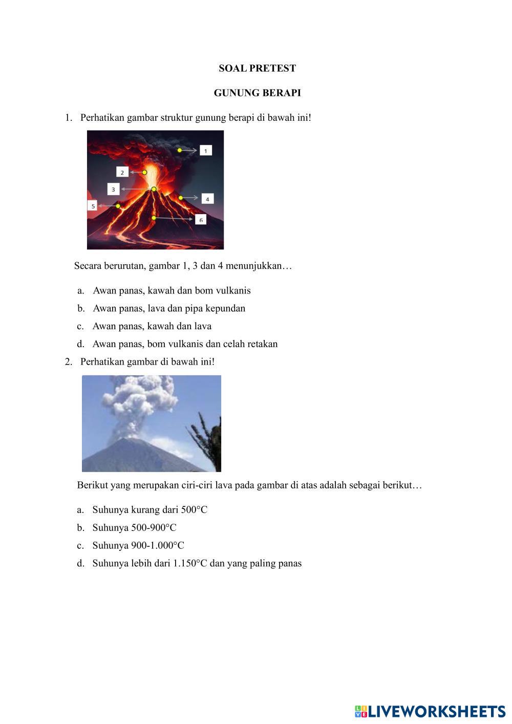 PRETEST GUNUNG BERAPI | Live Worksheets